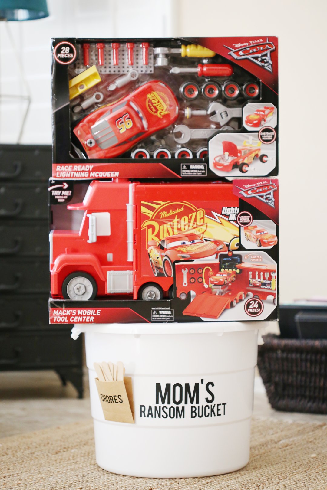 Mom's Ransom Toy Bucket for Toy Organization and Amazon Cars 3 Toys